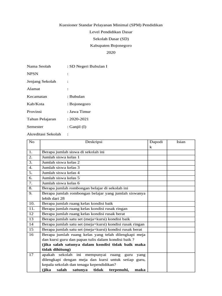 Kuesioner Standar Pelayanan Minimal | PDF