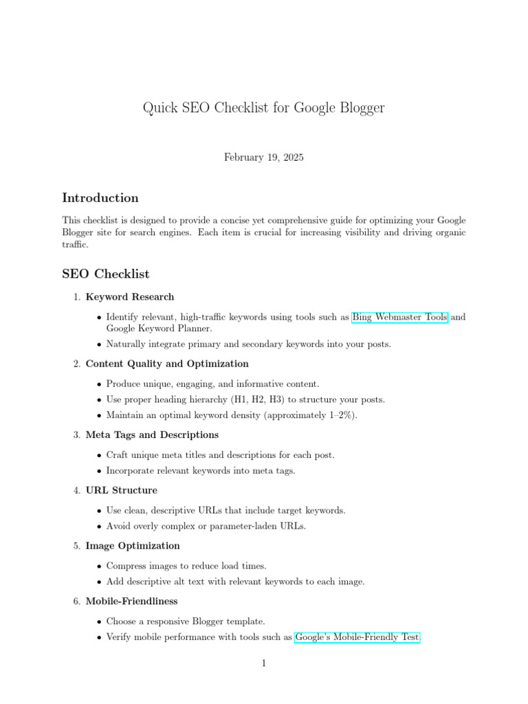 SEO Checklist for Google Blogger | PDF | Search Engine Optimization | Hypertext