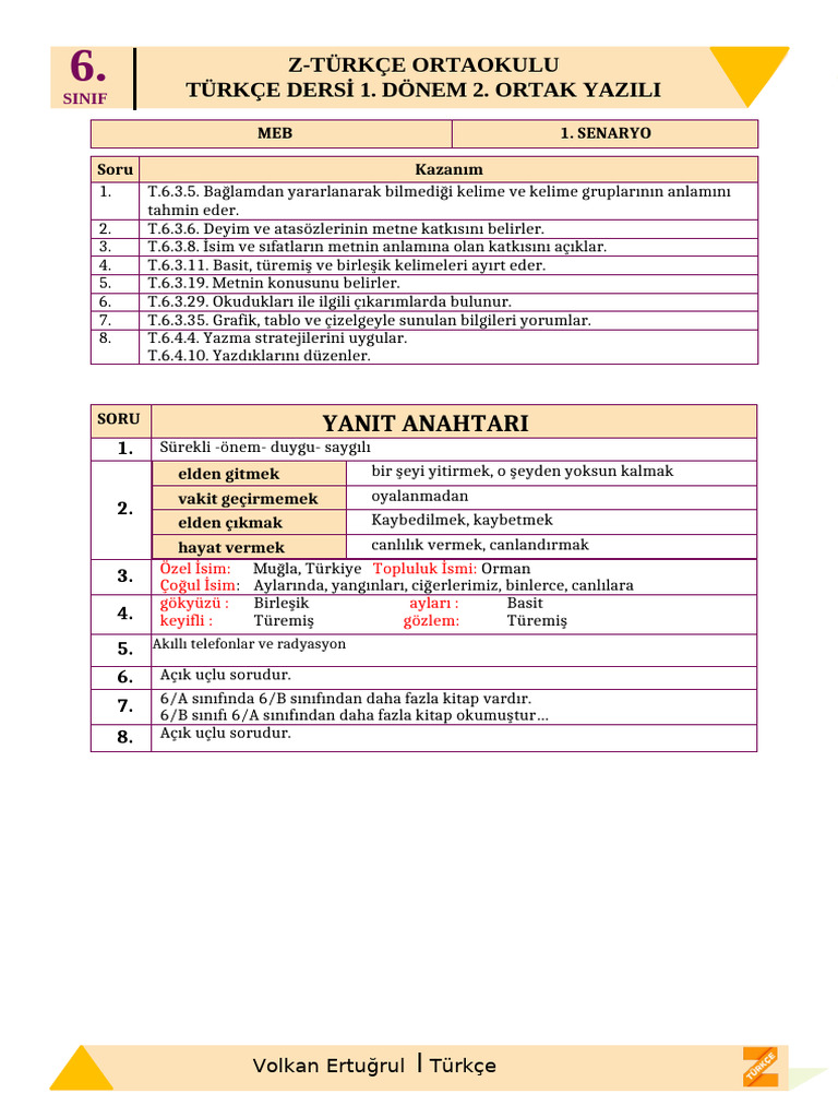 6.sinif 1. Donem 2.yazili Z Turkce Meb Senaryo 1 Yanit Anahtari | PDF