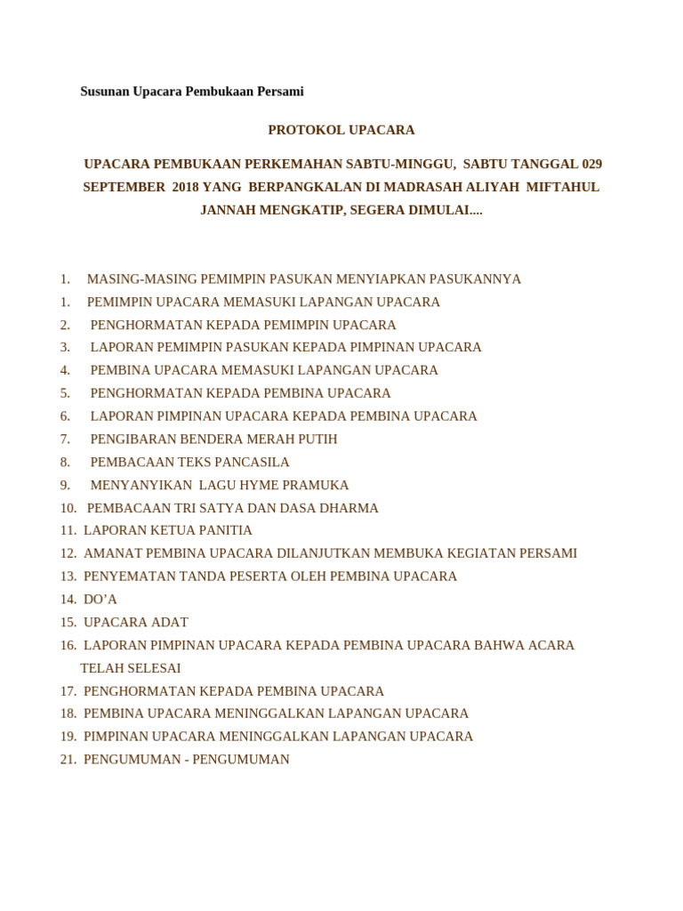 Susunan Upacara Pembukaan Persami 2018 | PDF