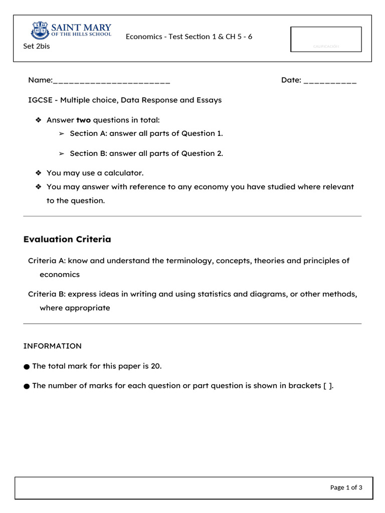 Economics - Test Section 1 & CH 5 - 6 (Set 2bis) | PDF | Economics ...