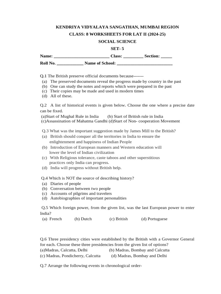 Class - 8 SST LAT Worksheet - 5 | PDF | Kolkata | South Asia