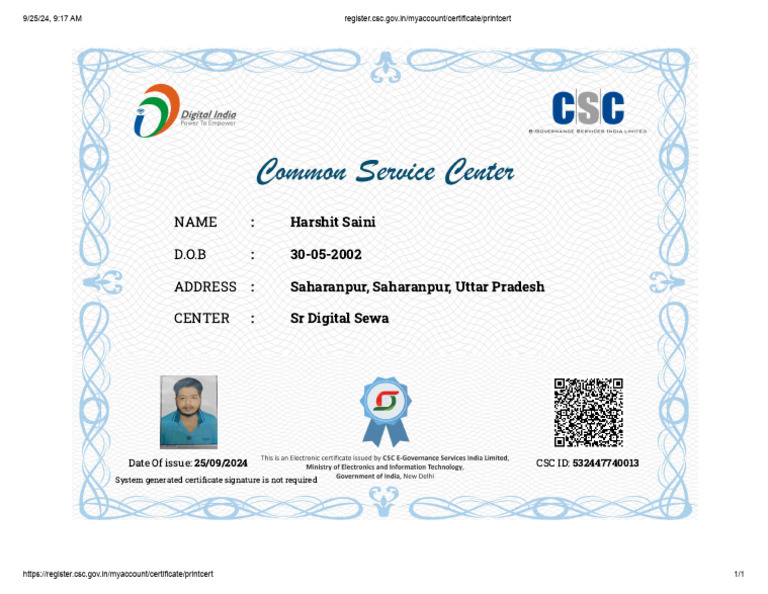 Harshit CSC Certificte | PDF