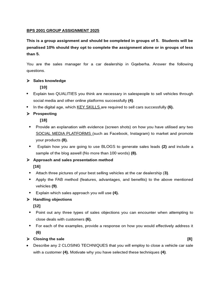 BPS 2001 Group Assignment 2025 | PDF | Sales