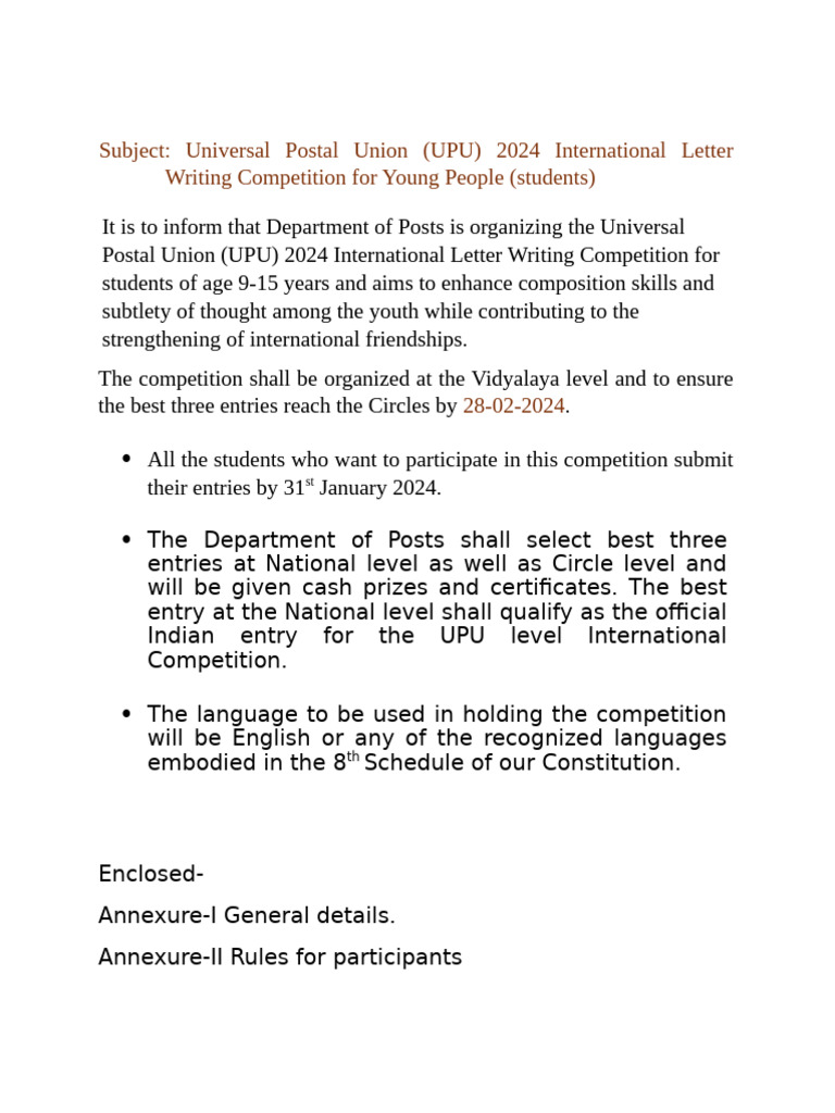 UPU 2024 International Letter Writing Contest | PDF