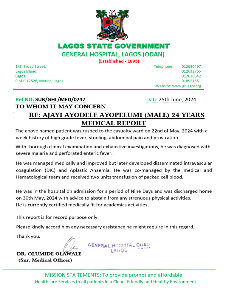 Lagos Hospital Medical Report Summary | PDF