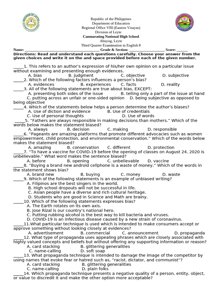 Q3 ENGLISH 8 EXAM | PDF | Sita | Rama