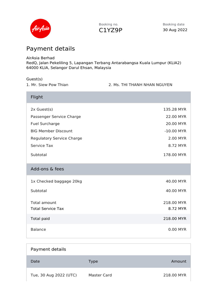 AirAsia Booking Receipt Summary | PDF
