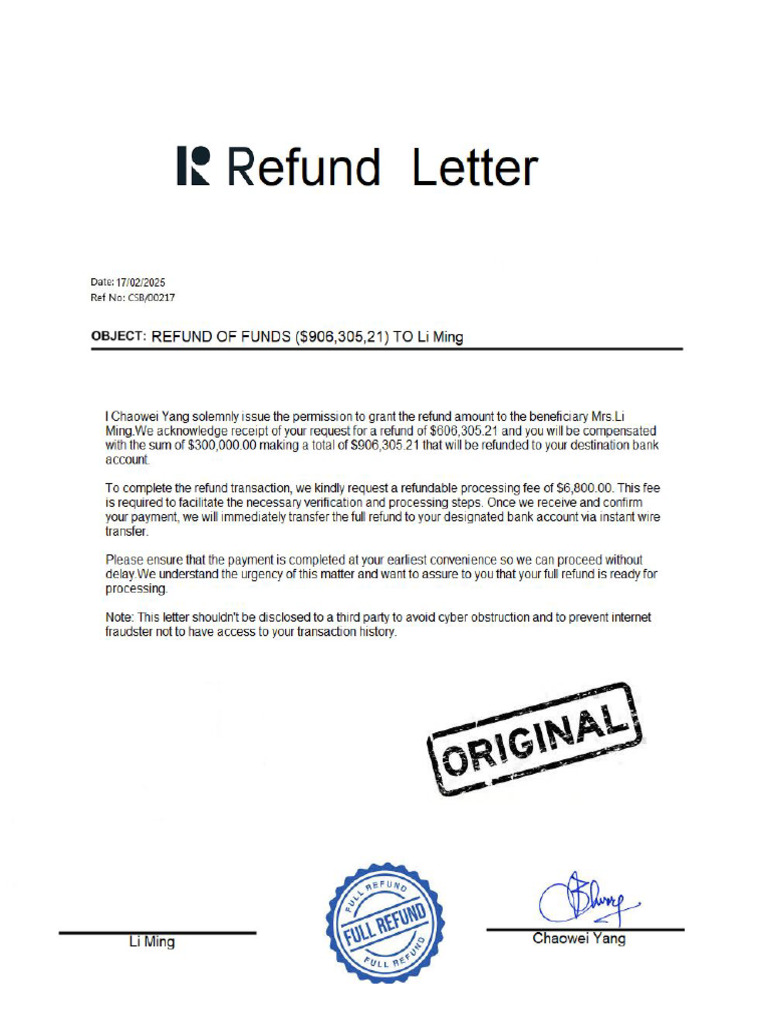 refundable letter(Mrs.Li Ming) | PDF