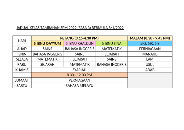 Jadual Kelas Tambahan Spm 2022 3 | PDF