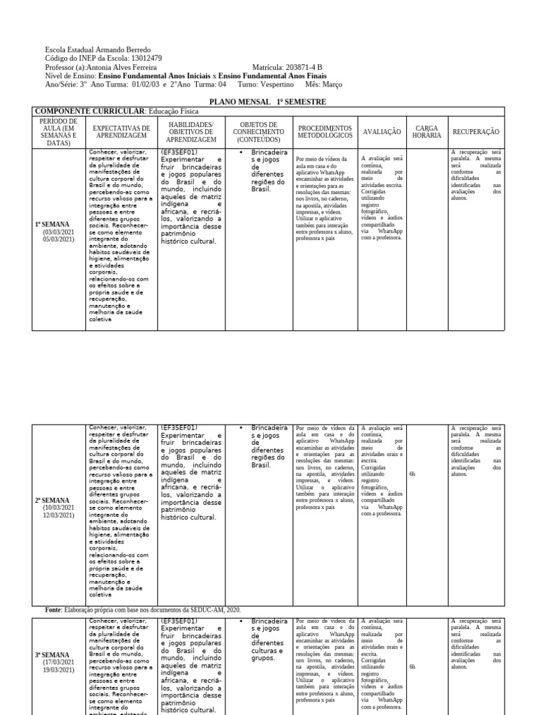 Plano Mensal de Educação Física 2021 | PDF | Brasil | Educação Física