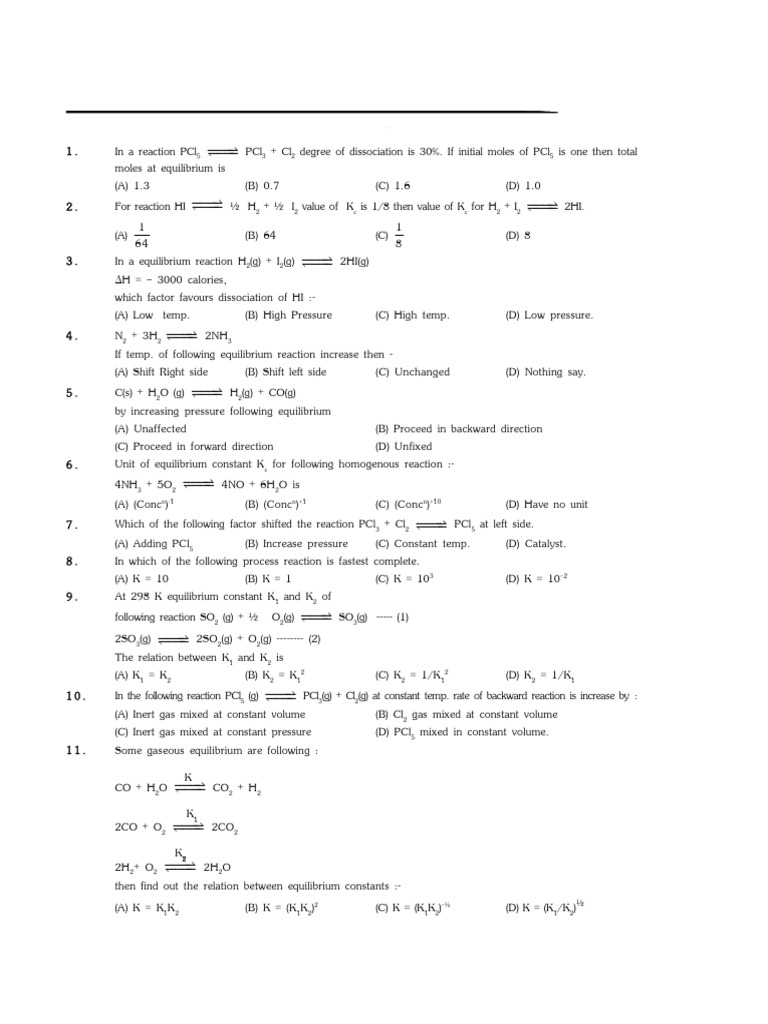 Equilibrium Reactions and Constants Quiz | PDF | Chemical Equilibrium ...
