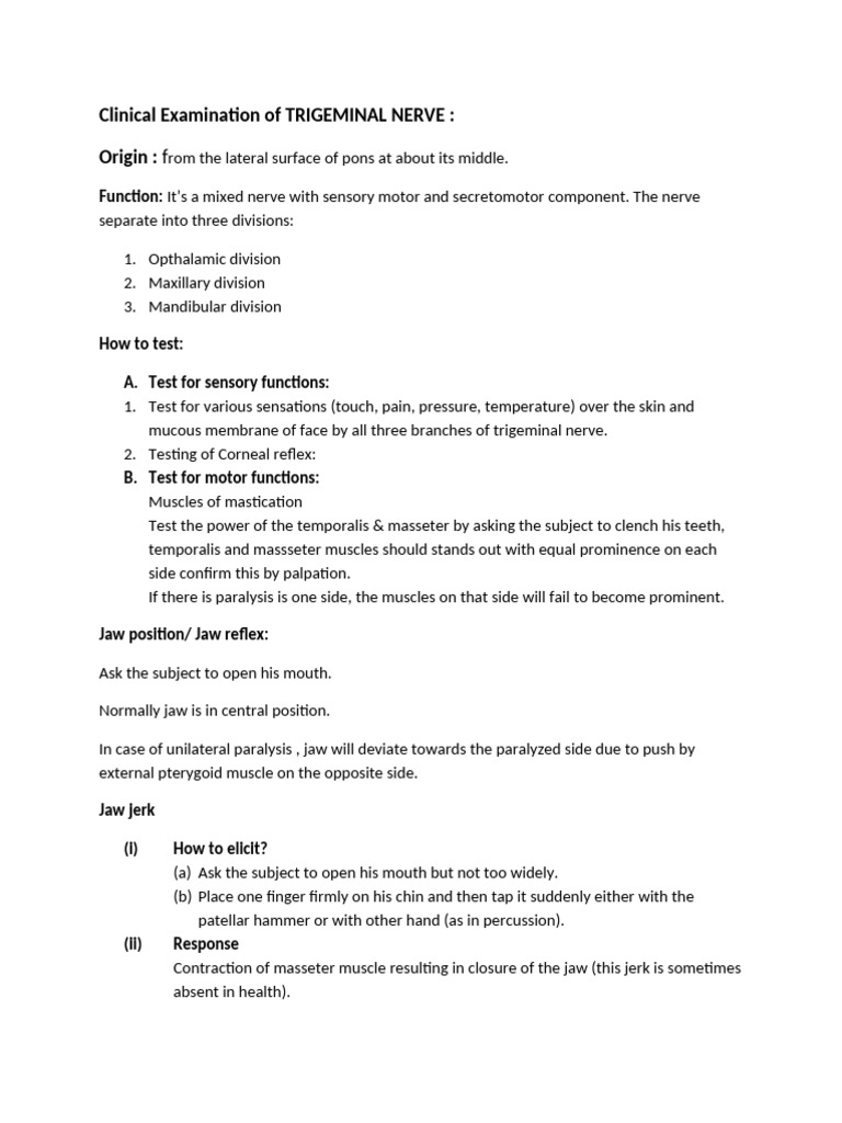 Clinical Examination of TRIGEMINAL NERVE | PDF