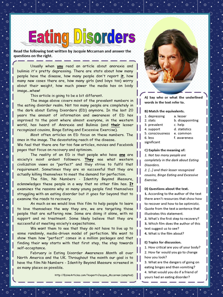 Eating Disorders Reading Comprehension Exercises | PDF | Eating ...