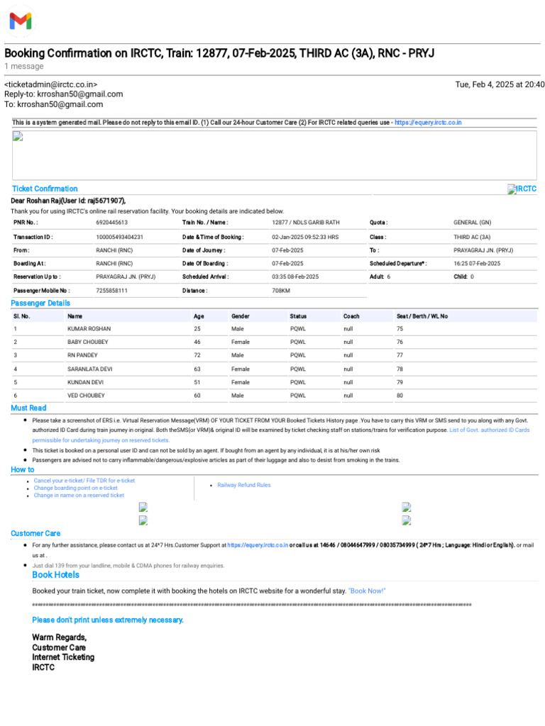 Gmail - Booking Confirmation On IRCTC, Train - 12877, 07-Feb-2025 ...