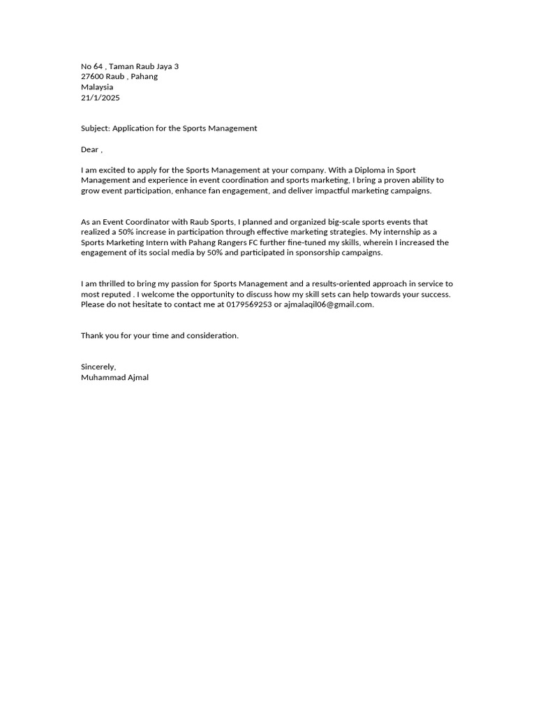 Sports Management Job Application | PDF