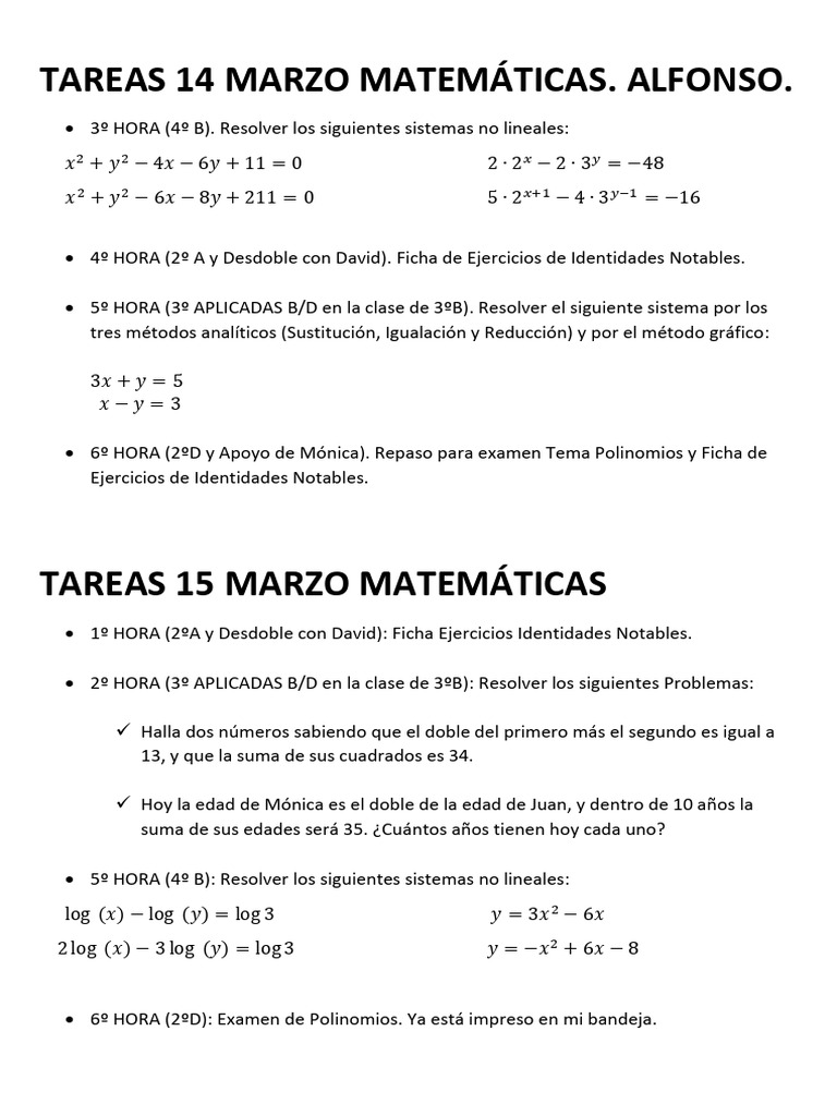 Tareas 14-15 Marzo Matemáticas | PDF
