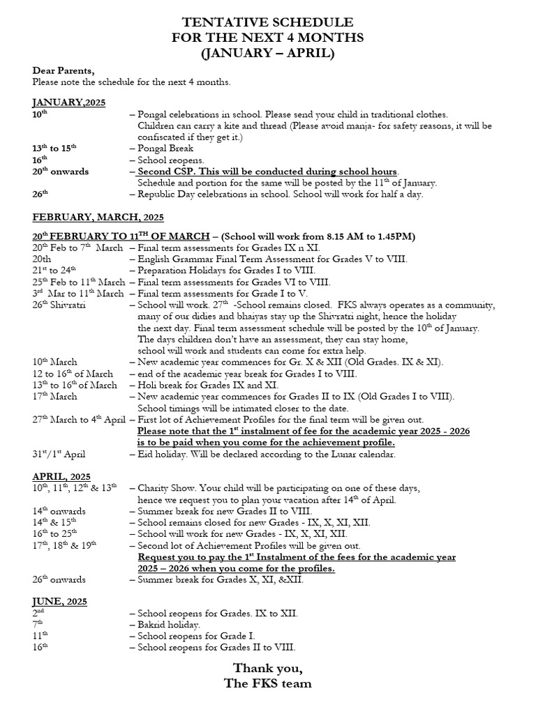 Tentative Schedule For The Next 4 Months | PDF