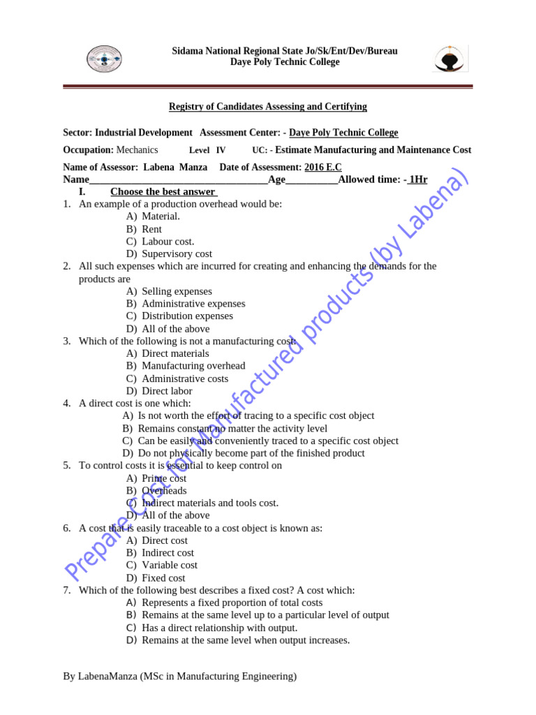 Exam of Prepare Cost Estimate For Manufactured Print | PDF | Cost Of ...