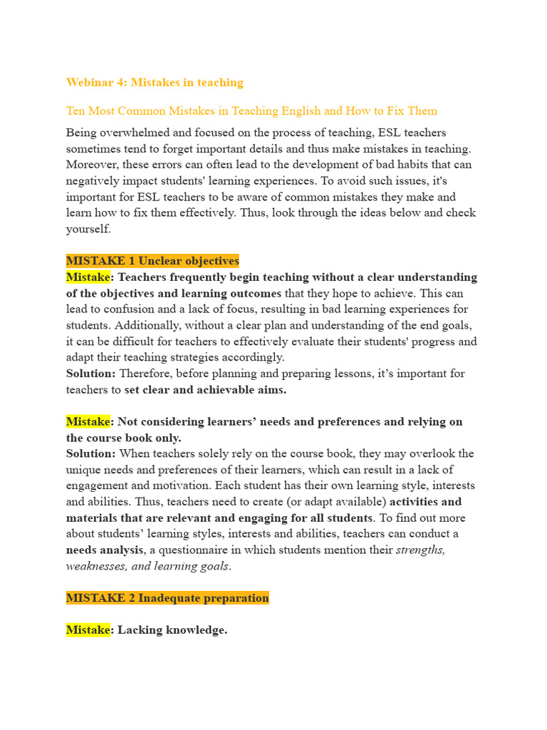 Common ESL Teaching Mistakes & Fixes | PDF | Teachers | Learning