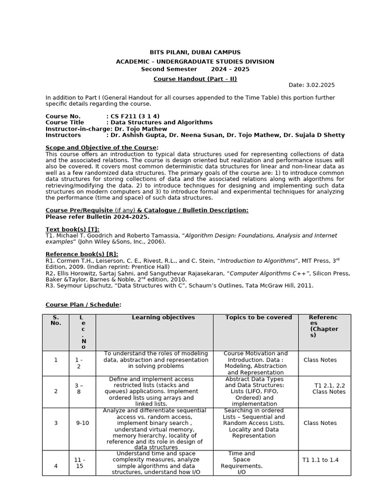CSF211 Data Structures and Algorithms II Sem 2024-25 Handout 2 | PDF | Algorithms And Data ...