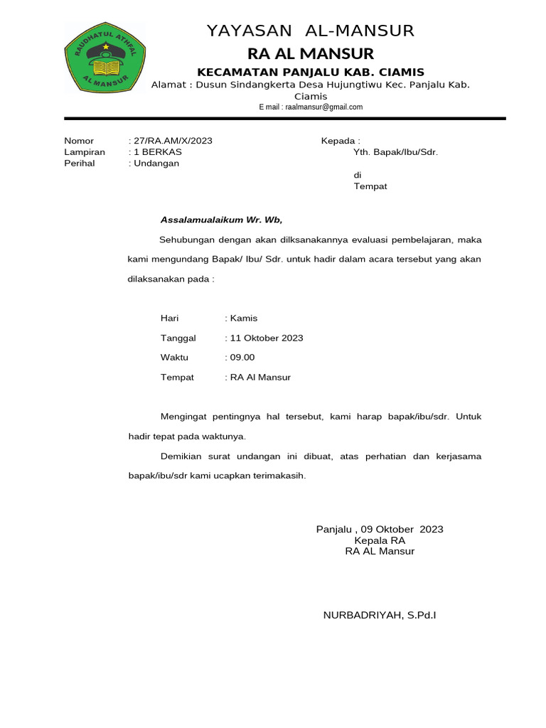 Undangan Rapat Evaluasi Pembelajaran | PDF
