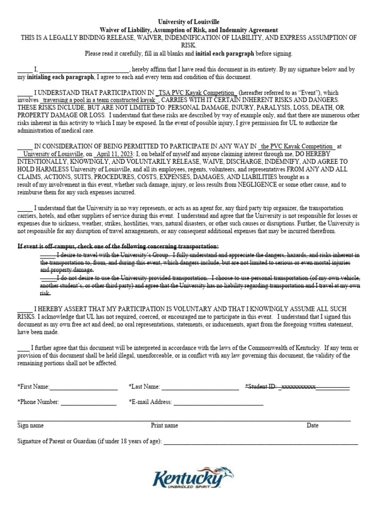 Kayak Competition Liability Waiver Form | PDF | Indemnity | Business Law