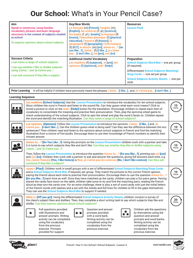 Lesson Plan School Subjects | PDF | Vocabulary | English Language