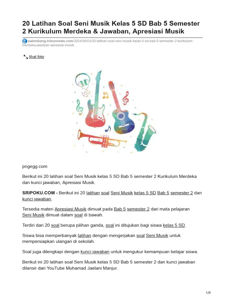 Latihan Soal Seni Musik Kelas 5 SD Bab 5 Semester 2 | PDF