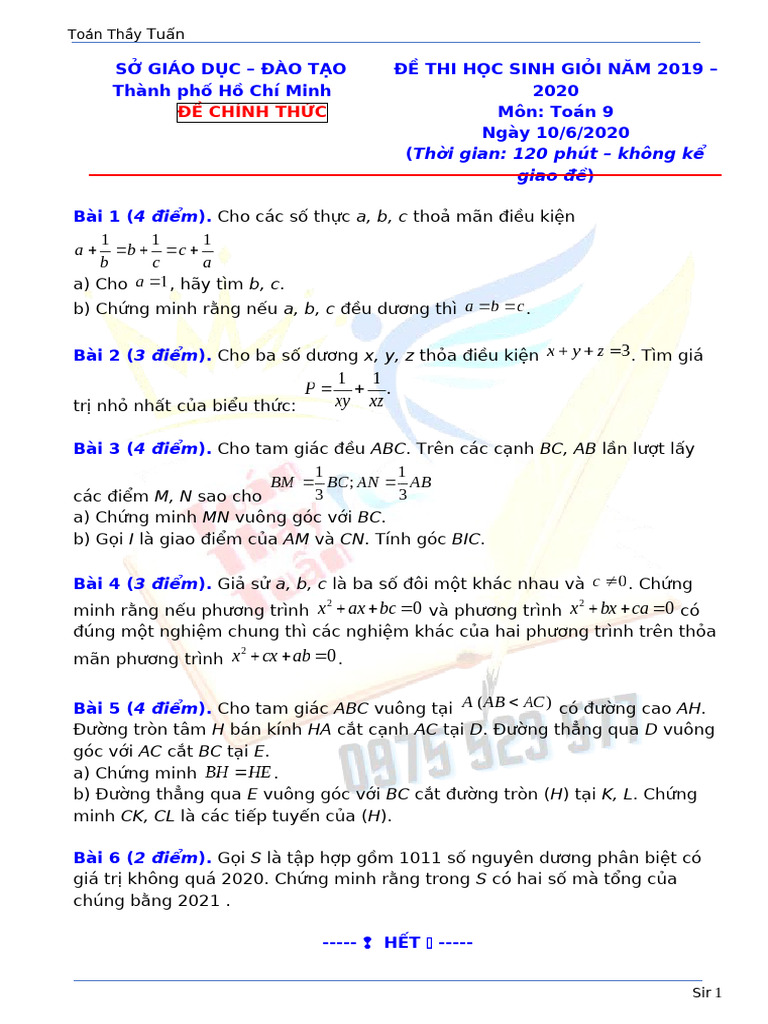 De Thi HSG TPHCM Nam 2019 2020 | PDF