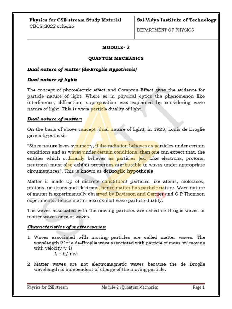 Module II - Quantum Mechanics - Applied Physics CSE Stream | PDF | Waves | Wave Function