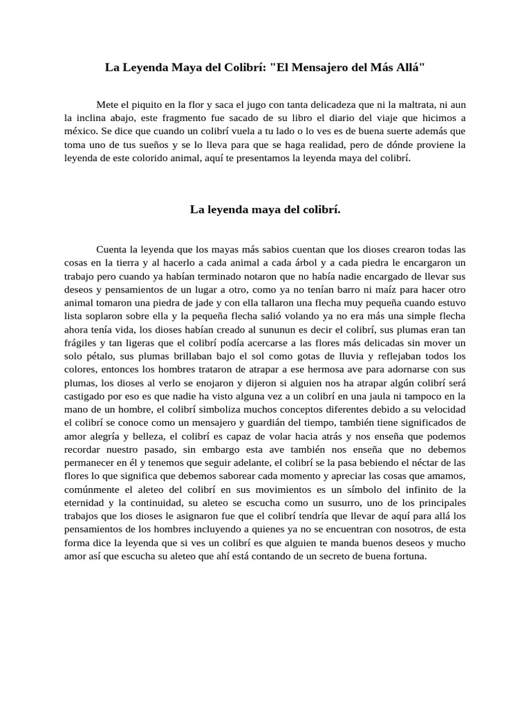 La Leyenda Maya Del Colibrí - El Mensajero Del Más Allá | PDF | Amor