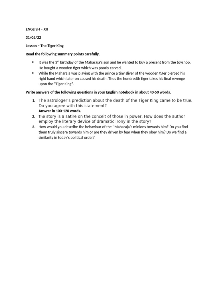 The Tiger King: Summary & Analysis | PDF