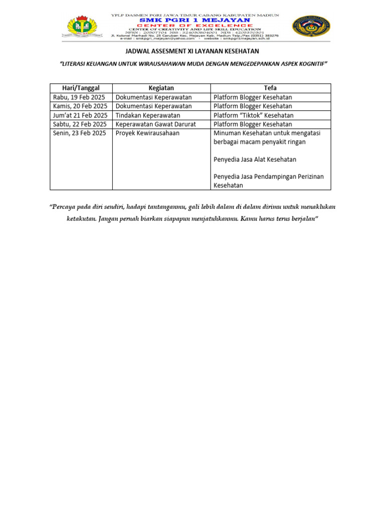 Contoh JADWAL ASSESMENT | PDF