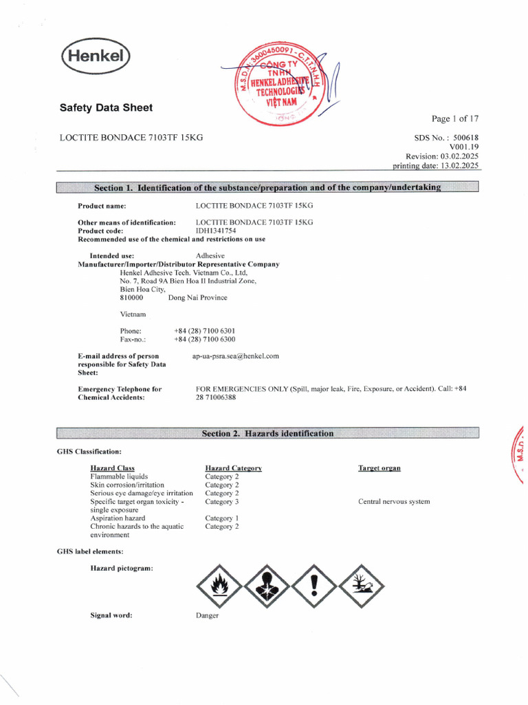 Loctite Bondace 7103tf 15kg Msds Ut VN en | PDF