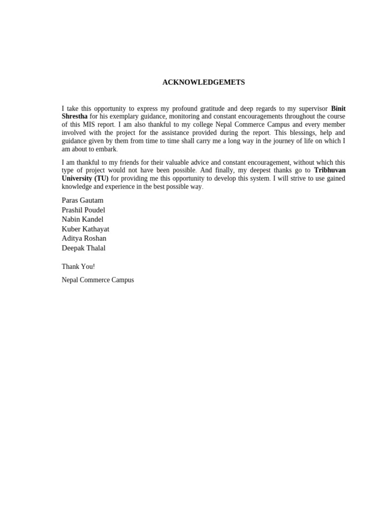 Acknowledgments for MIS Report | PDF
