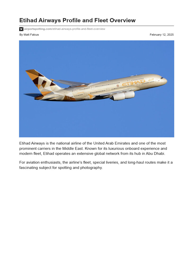 Etihad Airways Profile and Fleet Overview - Airport Spotting | PDF ...