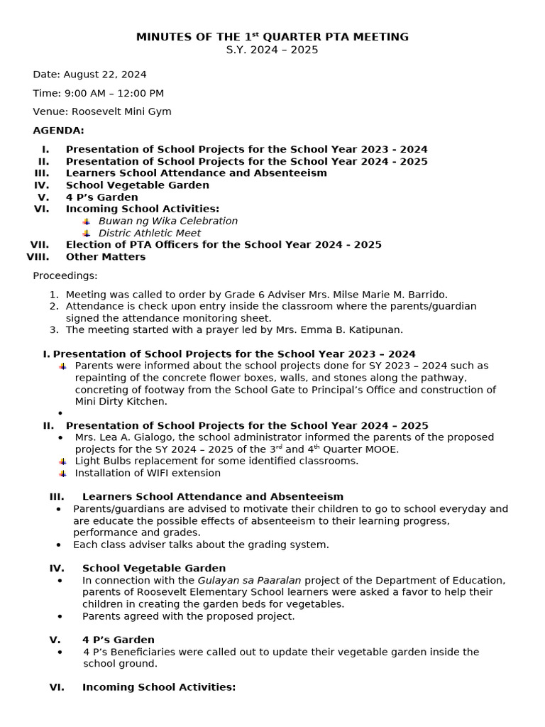 Minutes of The 1st Quarter Pta Meeting | PDF | Behavior Modification ...