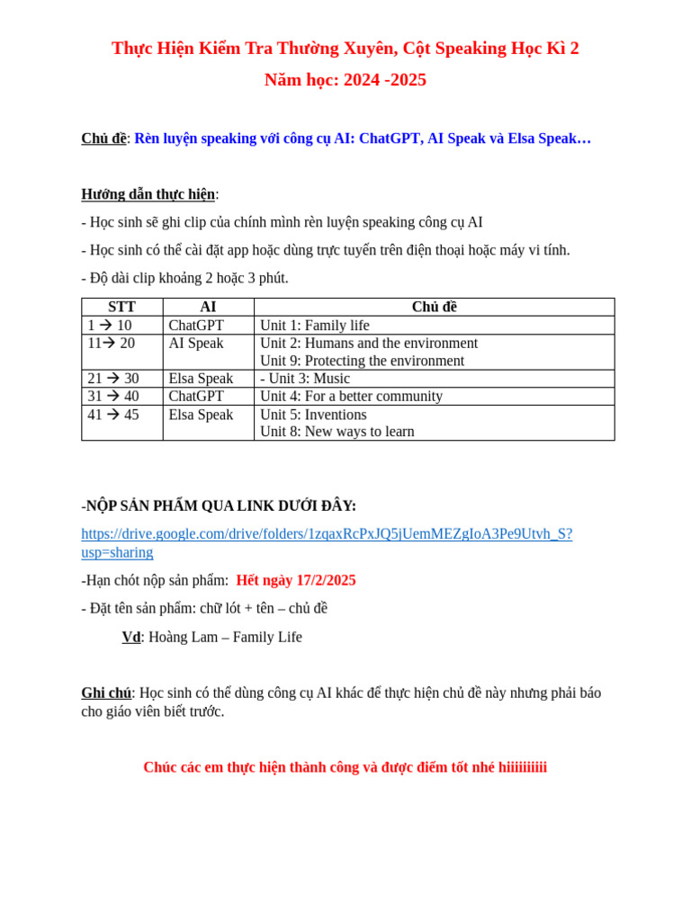 10a2 -Thực Hiện Kiểm Tra Speaking Hk2 | PDF