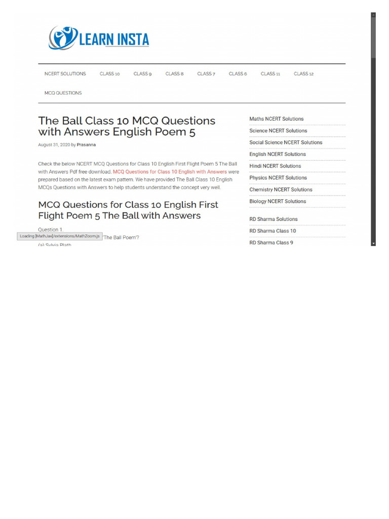 The Ball Class 10 MCQ Questions With Answers English Poem 5 ...