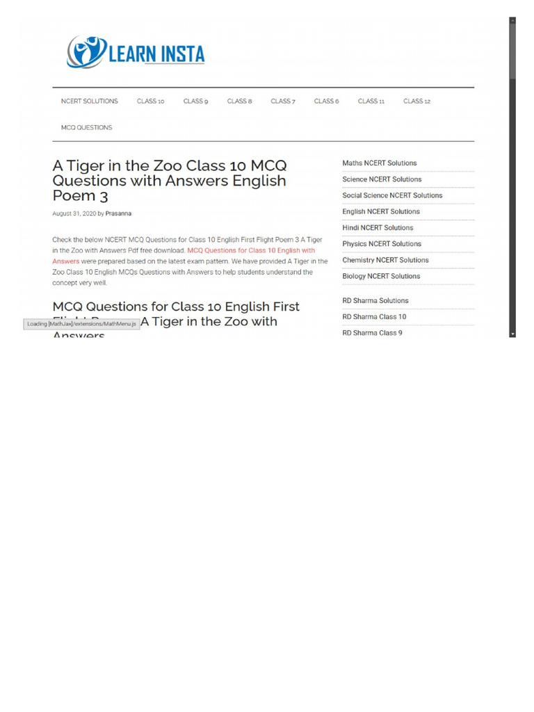 A Tiger in The Zoo Class 10 MCQ Questions With Answers English Poem 3 ...