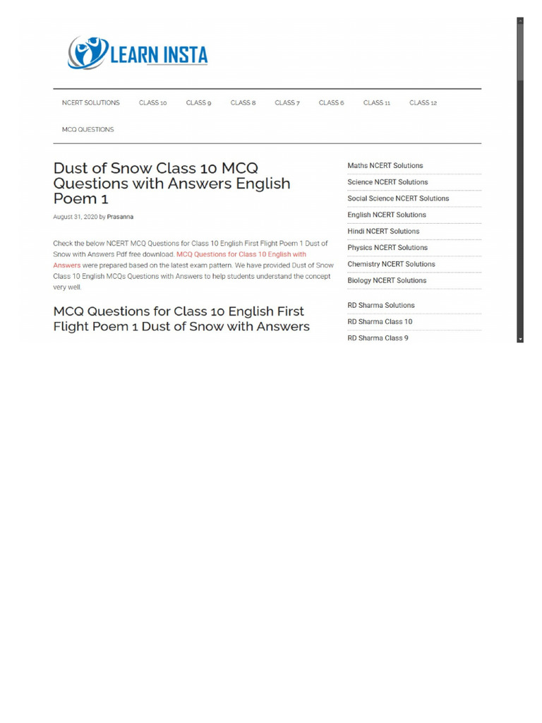 Dust of Snow Class 10 MCQ Questions With Answers English Poem 1 ...