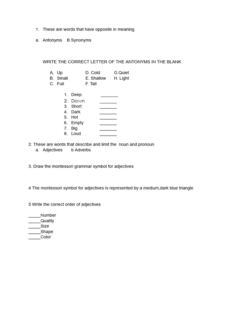 Antonyms and Adjectives Worksheet | PDF