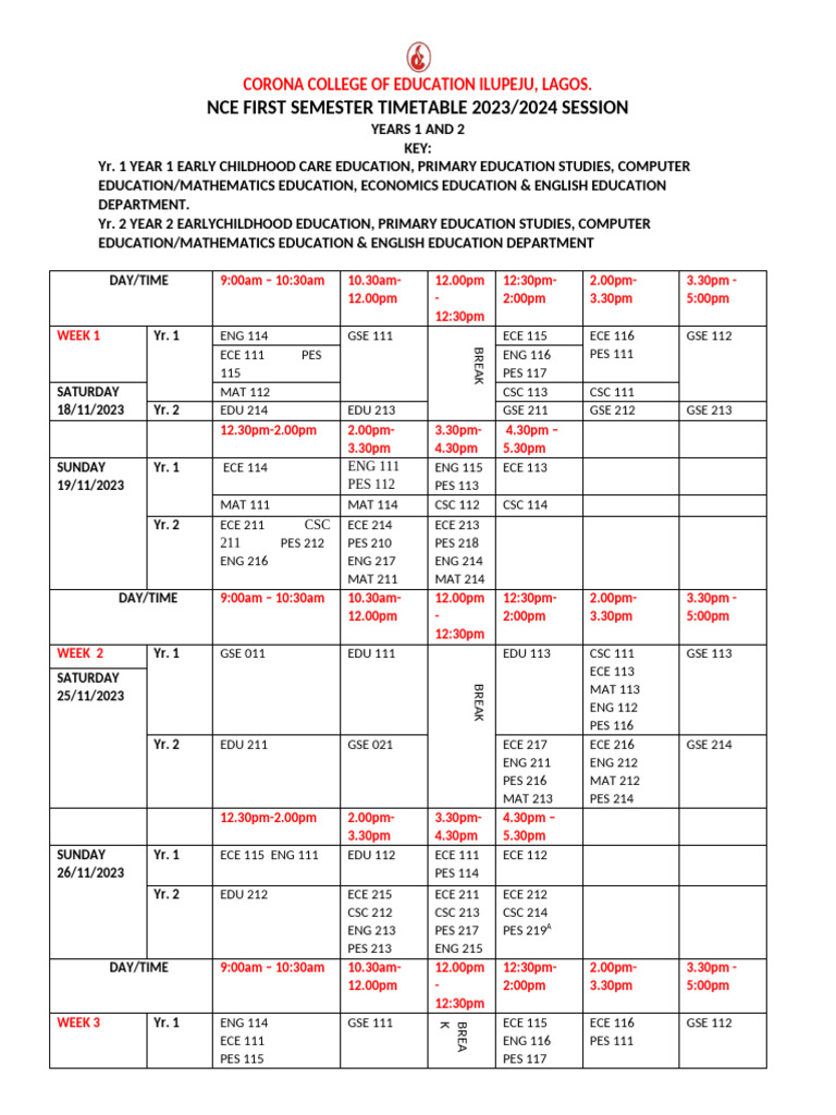 Adjusted NCE YEAR 1 AND 2 FIRST SEMESTER TIME-TABLE 23-24 SESSION - 16 ...