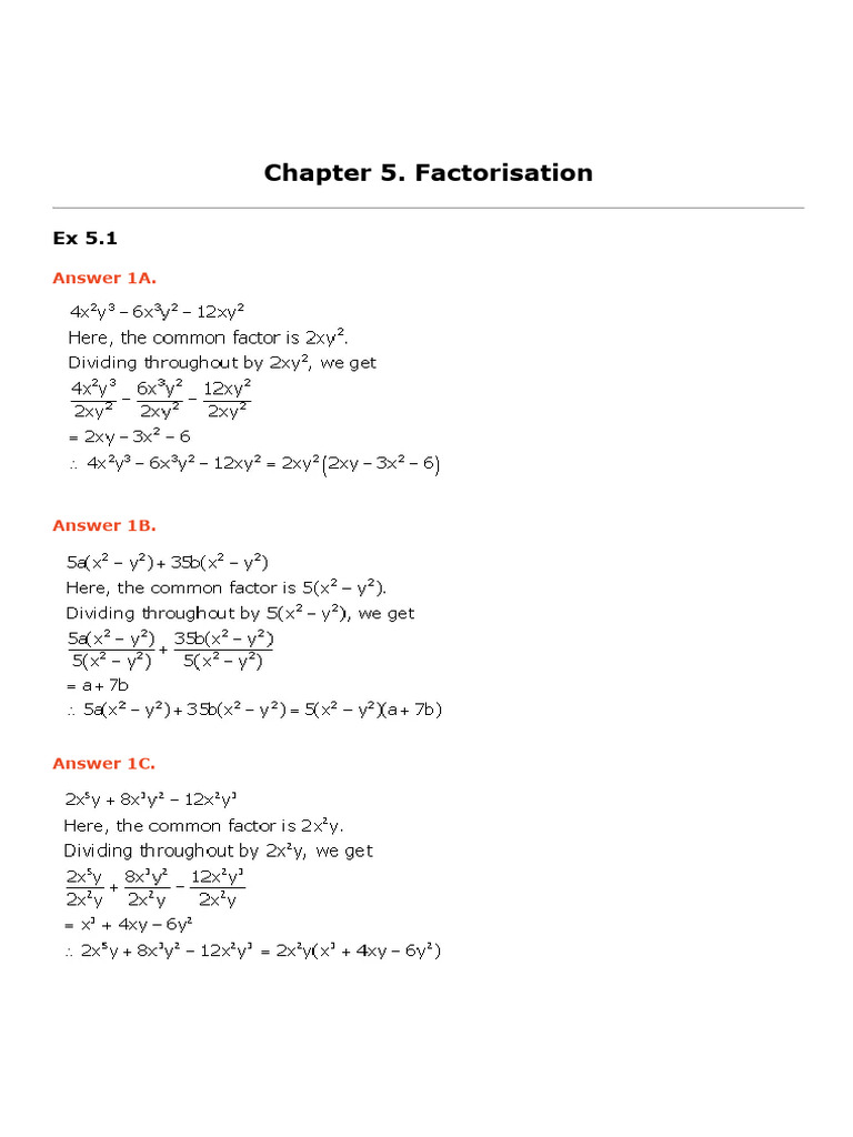 Frank Maths Solutions Class 9 Chapter 5 Factorisation | PDF