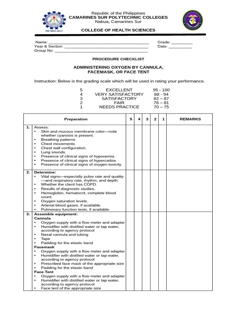 Administering Oxygen by Cannula Facemask or Face Tent Checklist | PDF ...