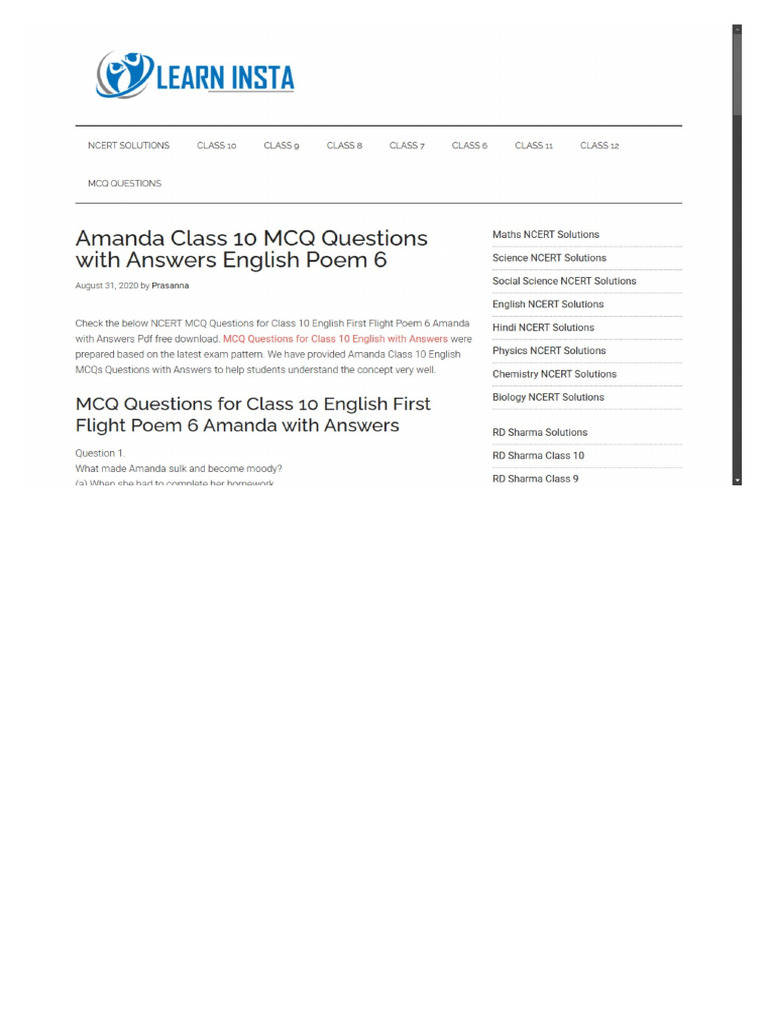 Amanda Class 10 MCQ Questions With Answers English Poem 6-Cvscreenshot ...