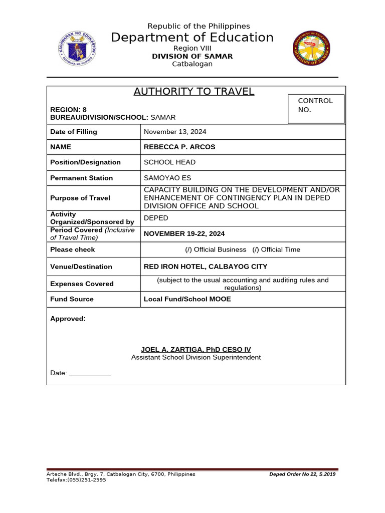 Travel Order Format 2 | PDF