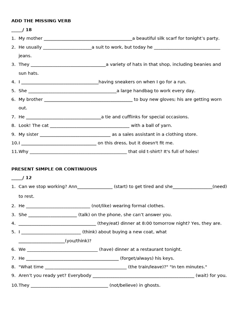 TEST - Simple-Continuous-Food-Clothes Vocabulary | PDF | Clothing ...