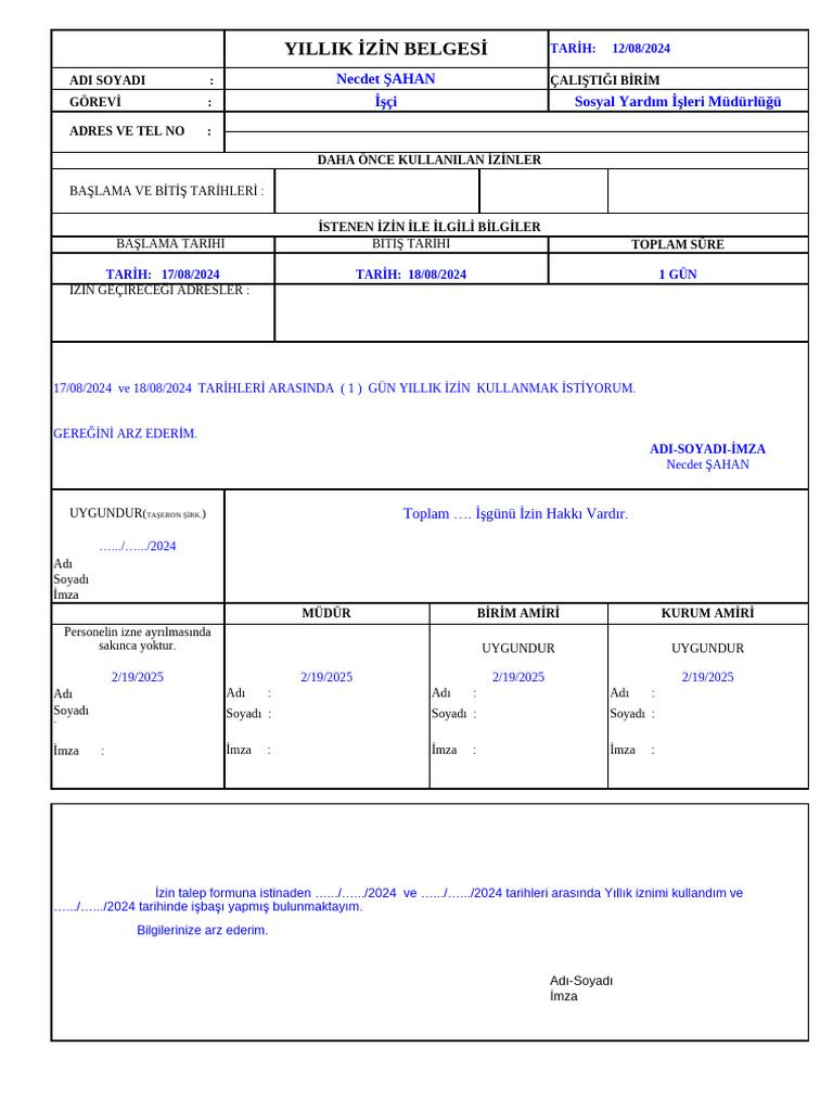 Yillik İzi̇n Belgesi̇ | PDF